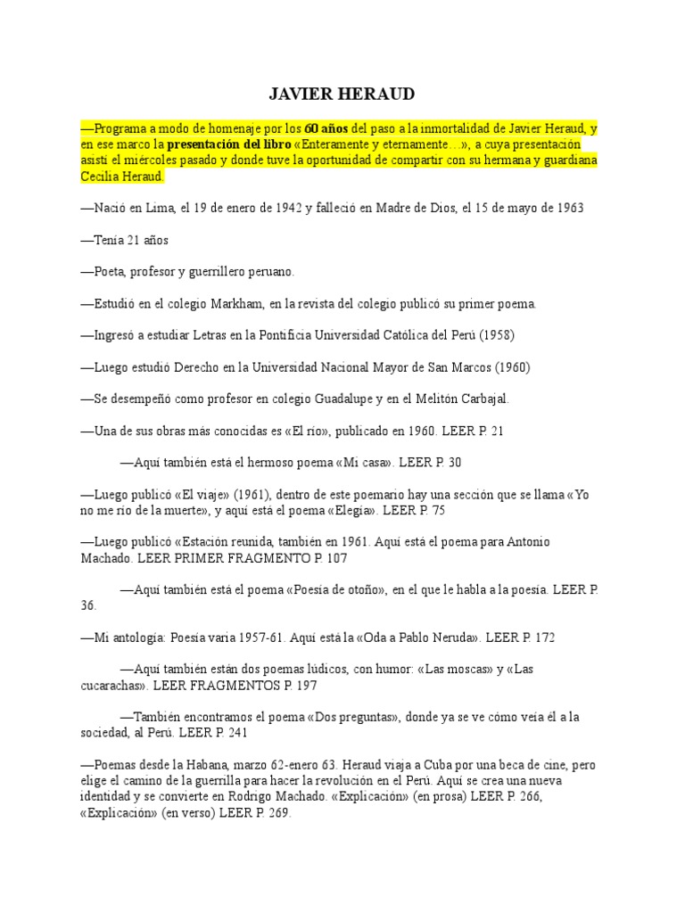 JAVIER HERAUD A 60 Años de Su Muerte | PDF