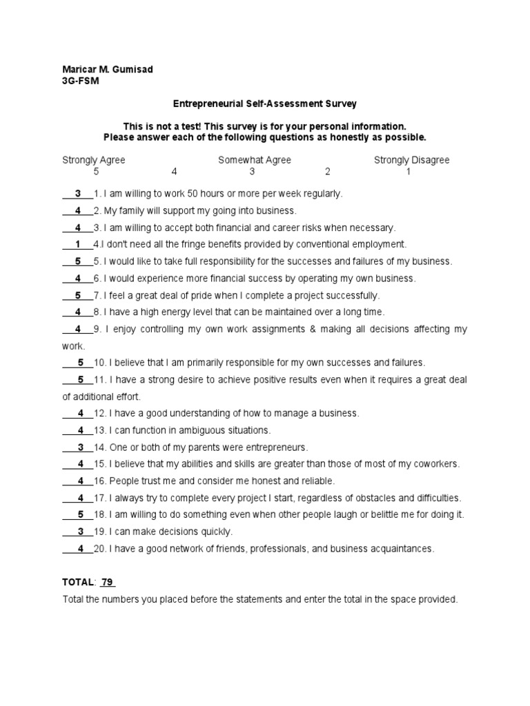 Entrepreneur Self-Assessment Survey | PDF Entrepreneur Self-Assessment Survey | PDF