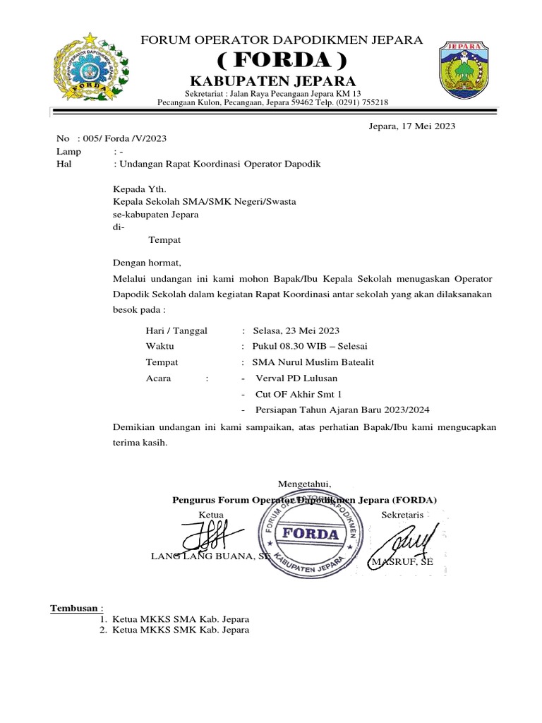 UNDANGAN RAPAT FORDA 23 Mei 2023 | PDF