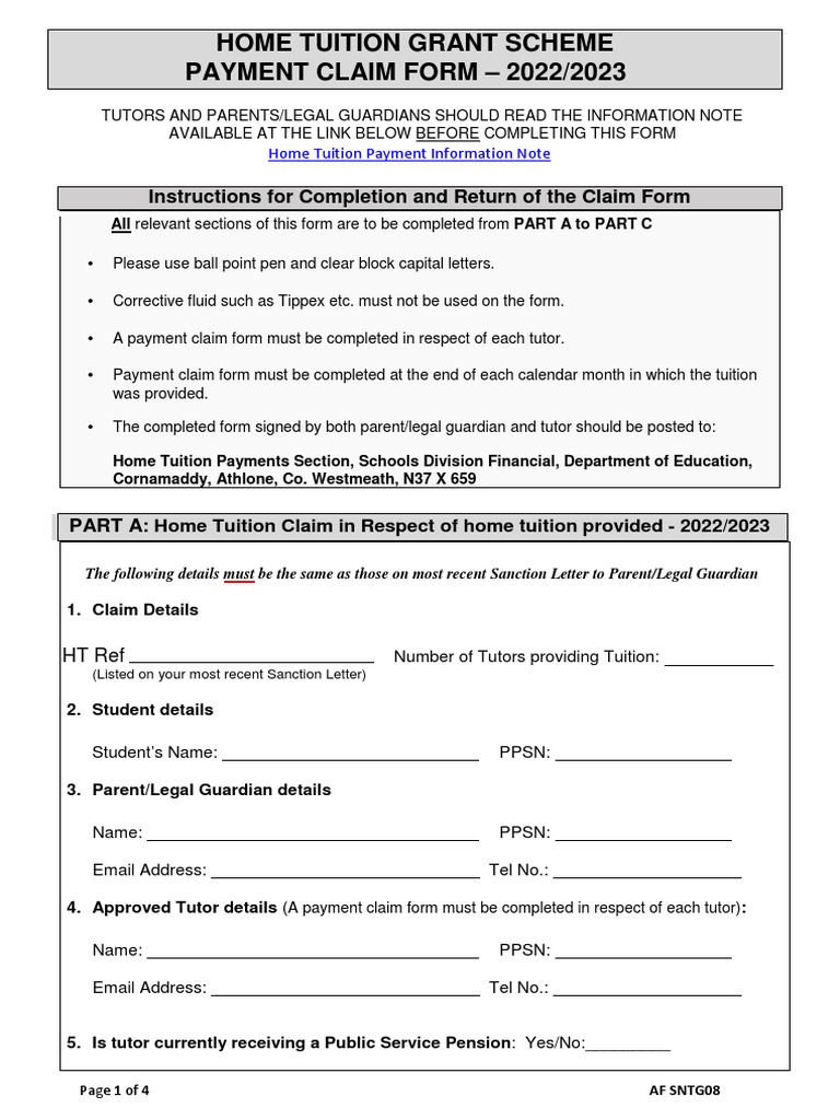 Home Tuition Grant Scheme PAYMENT CLAIM FORM - 2022/2023: Instructions For Completion and Return ...