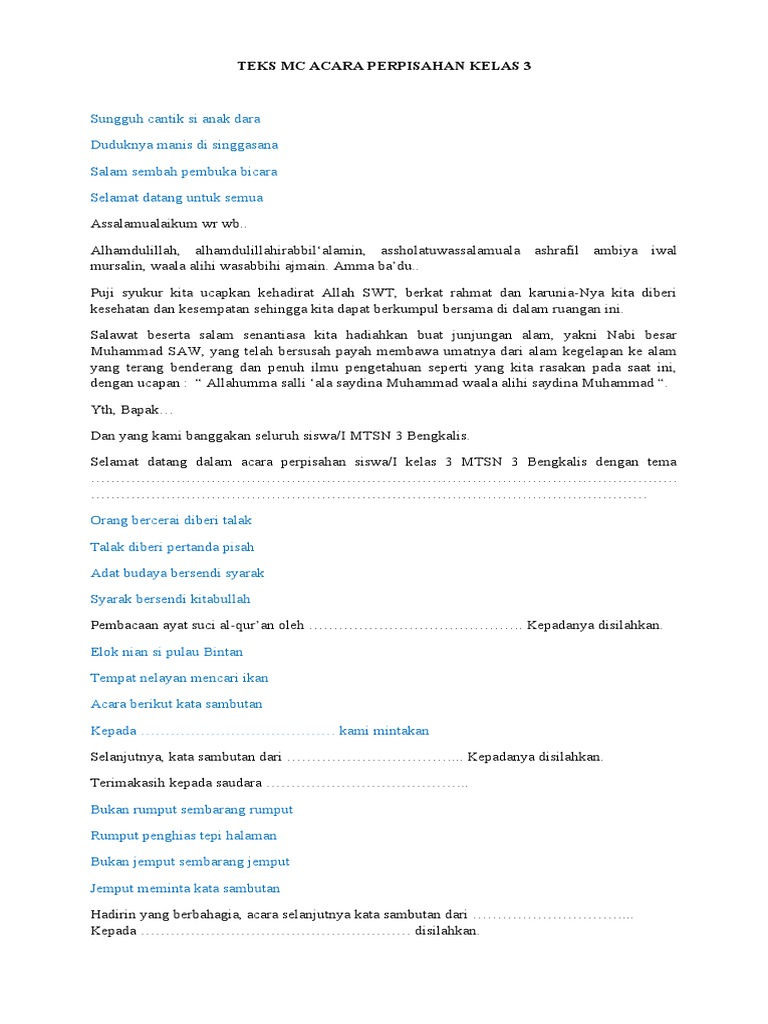 Teks MC Acara Perpisahan Kelas 3 | PDF