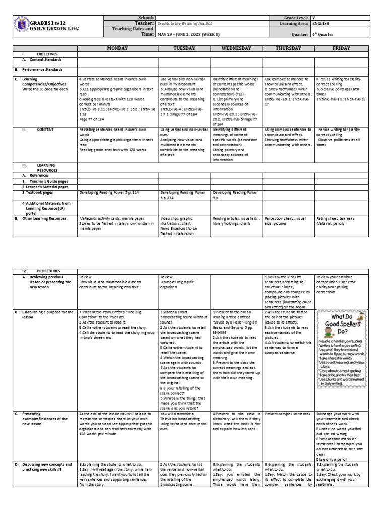 Grade 5 DLL English 5 Q4 Week 5 | PDF | Nonverbal Communication ...