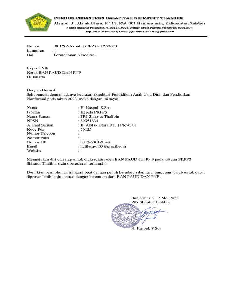 Format Surat Permohonan Pengajuan Akreditasi Paud PKBM | PDF