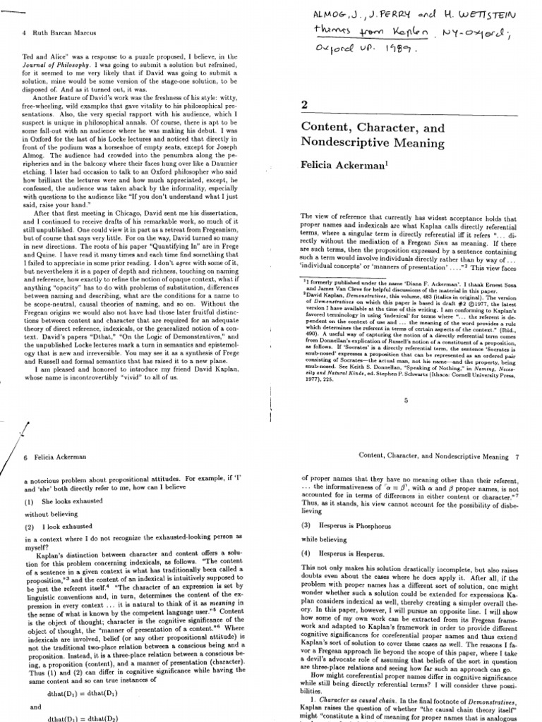 Ackerman, Felicia - Content, Character, and Nondescriptive meaning | PDF
