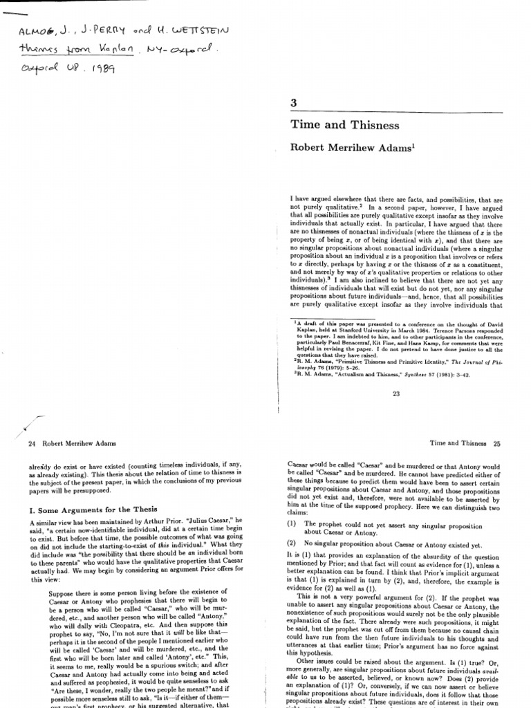 Adams, Robert Merrihew - Time and Thisness | PDF