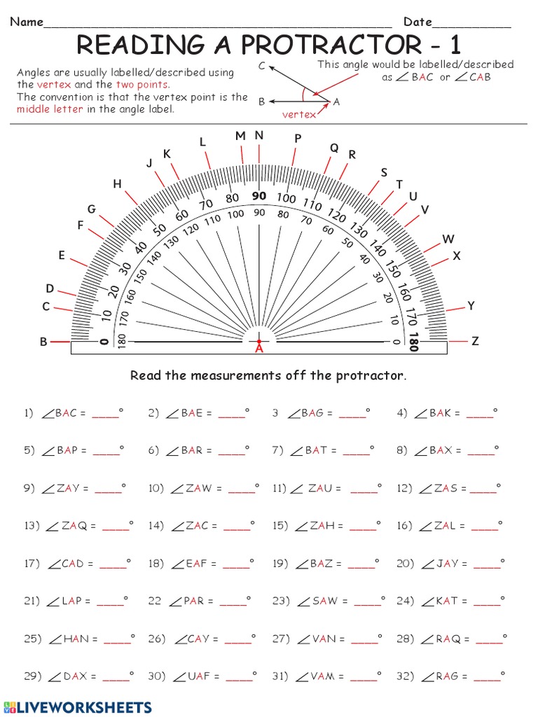 Reading A Protractor - 1: J K L MN P QR S T U V W X | PDF | Angle ...