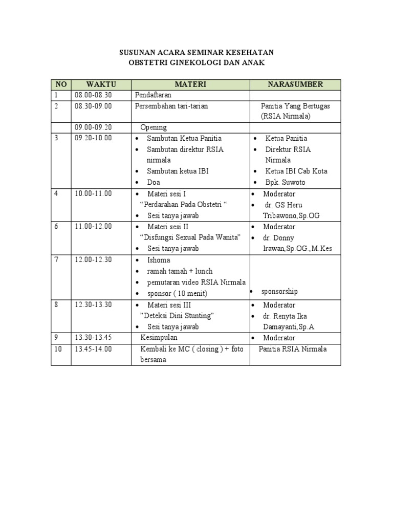 SUSUNAN ACARA SEMINAR KESEHATAN NIRMALA | PDF