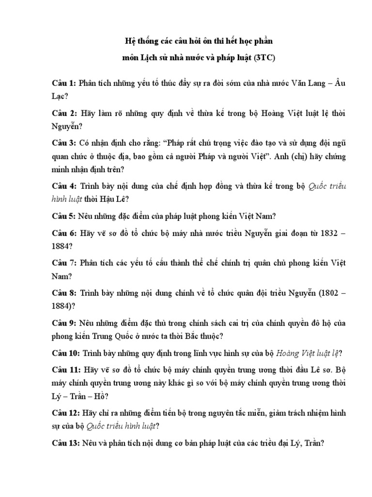 Hệ thống câu hỏi ôn thi LSNN&PLVN- 3TC | PDF