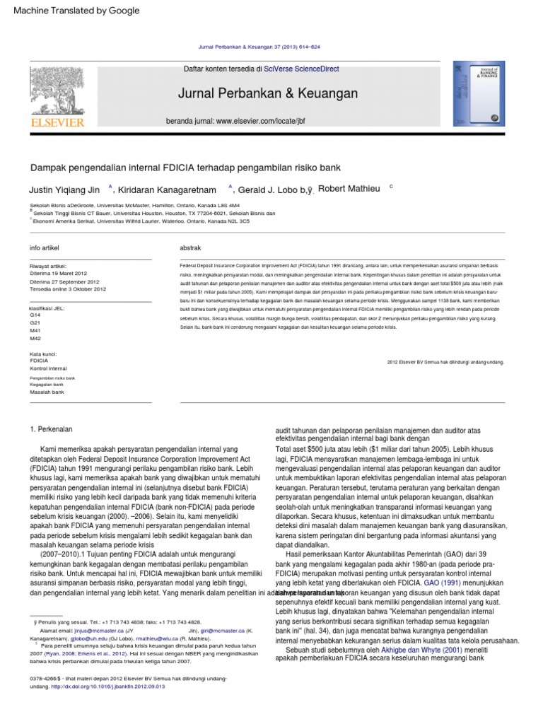 Impact of FDICIA Internal Controls On Bank Risk Taking - Indo | PDF
