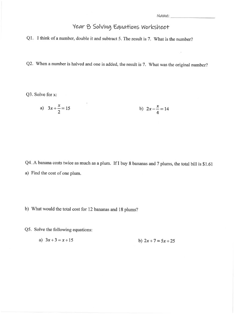 Year 8 Solving Equations Pdf