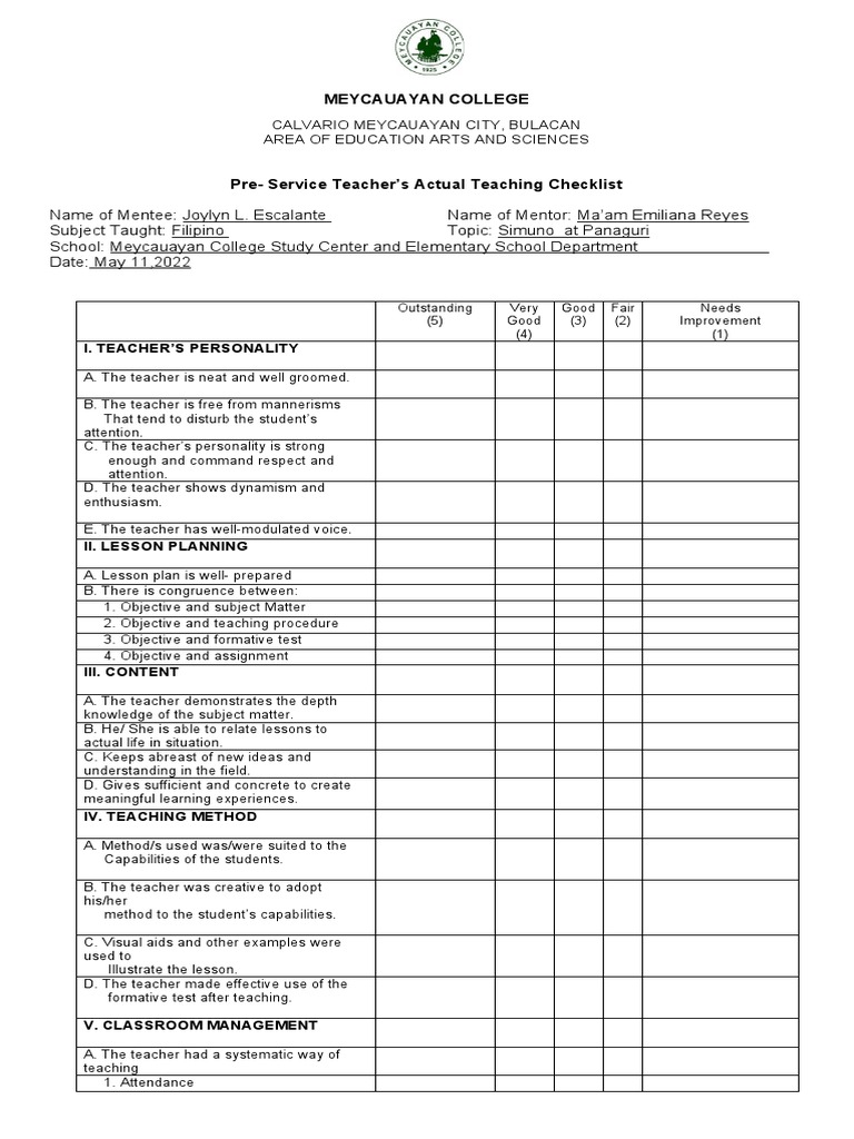 Pre-Service Teacher Evaluation Checklist | PDF | Teachers | Mentorship