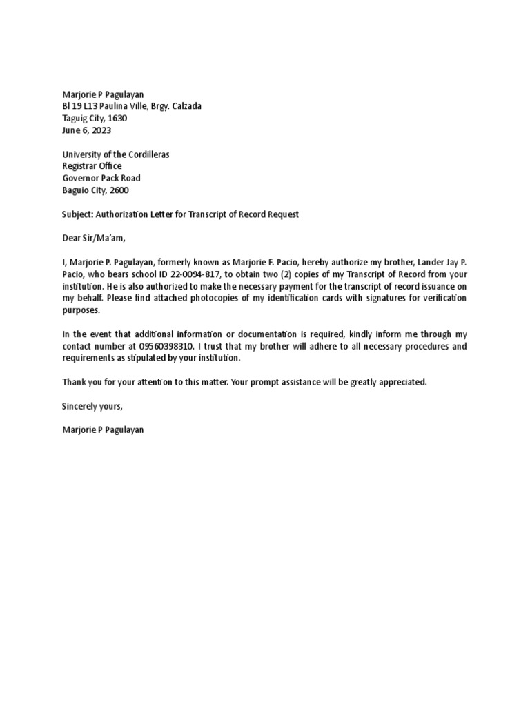 Authorization Letter for Transcript Request | PDF