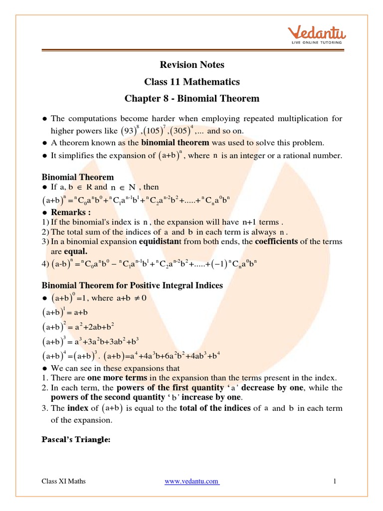 Class 11 Maths Revision Notes Binomial Theorem | Download Free PDF ...
