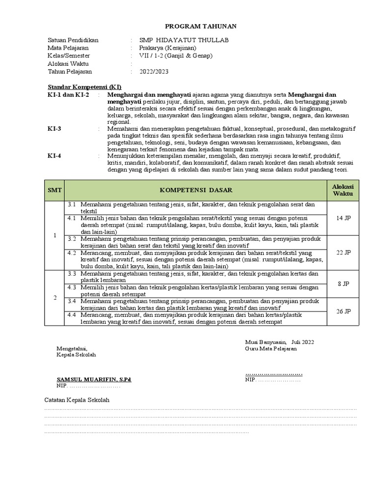 Program Tahunan - Prakarya Kls 7 - Kerajinan | PDF