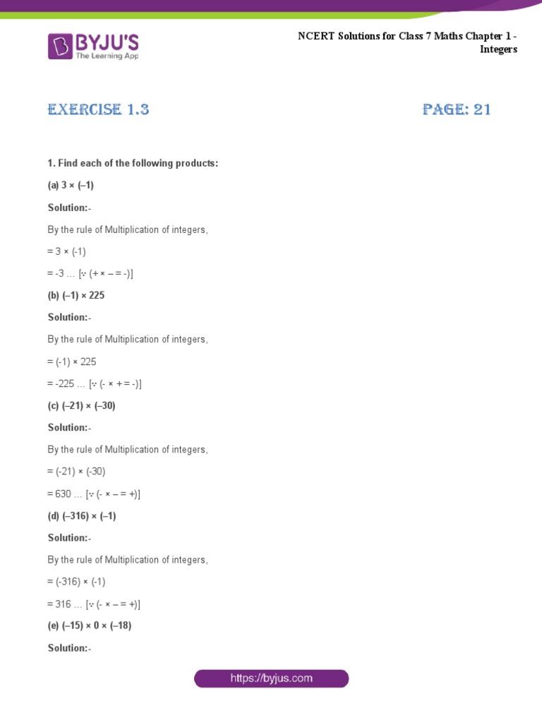 Class 7 Maths: NCERT Integers Solutions | PDF | Multiplication | Equations