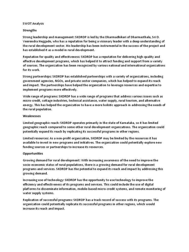 SKDRDP Swot | PDF | Rural Development | Swot Analysis