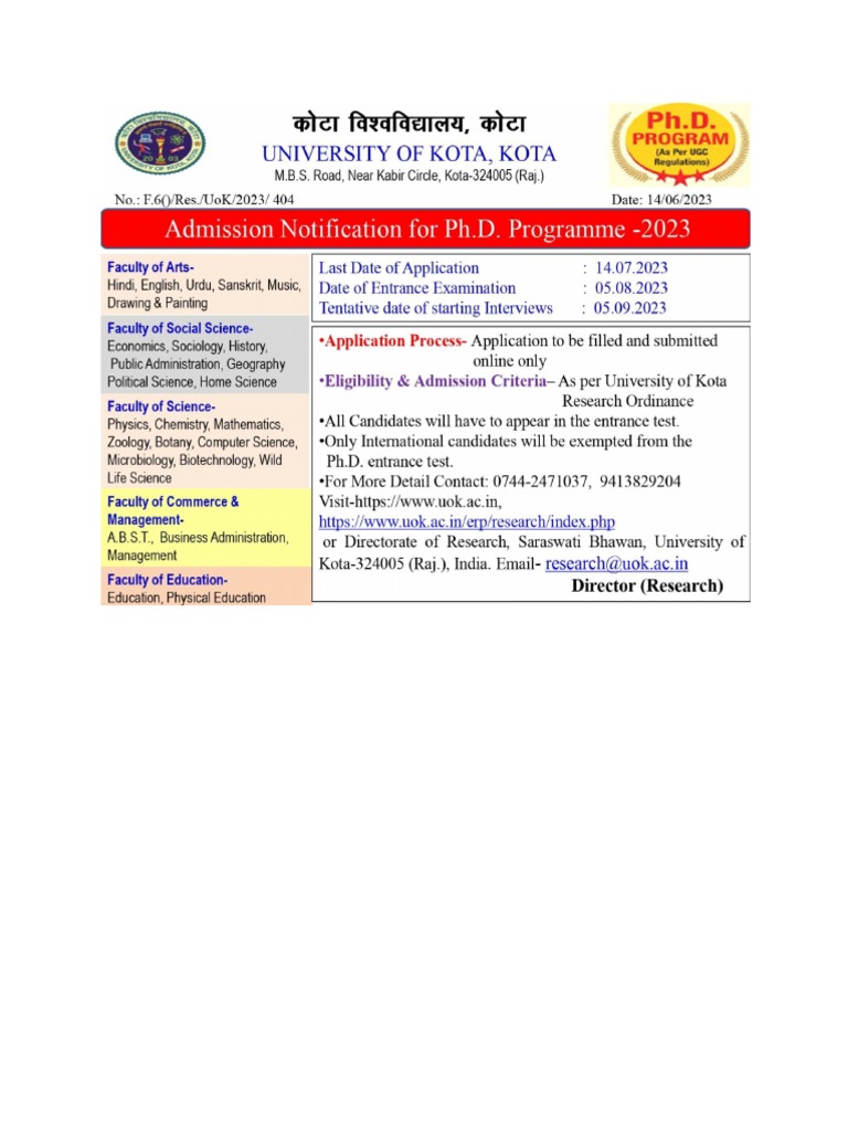 1825_Ph.D. Admission Notification 2023 | PDF | Doctor Of Philosophy | University And College ...