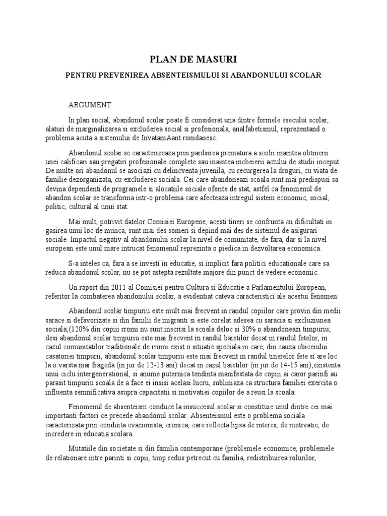 Plan de Masuri Pentru Prevenirea Absenteismului Si Abandonului Opt | PDF