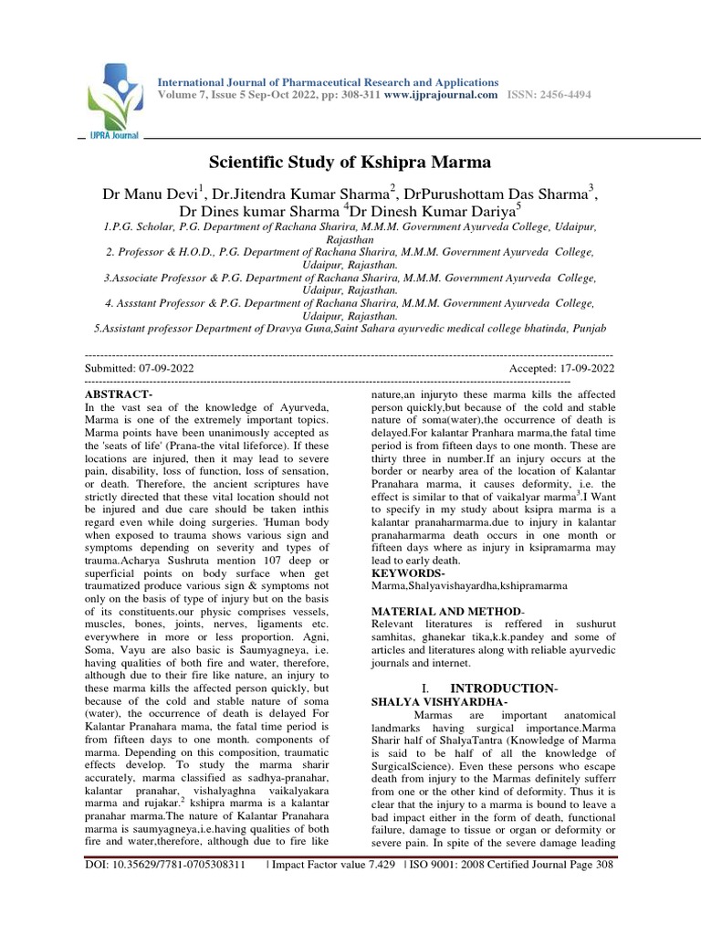 Scientific Study of Kshipra Marma | PDF | Foot | Thumb