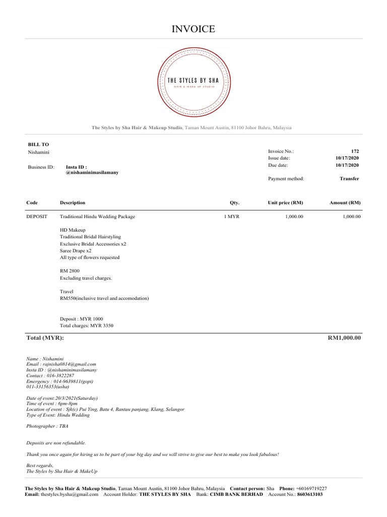 Invoice: The Styles by Sha Hair & Makeup Studio, Taman Mount Austin, 81100 Johor Bahru, Malaysia ...