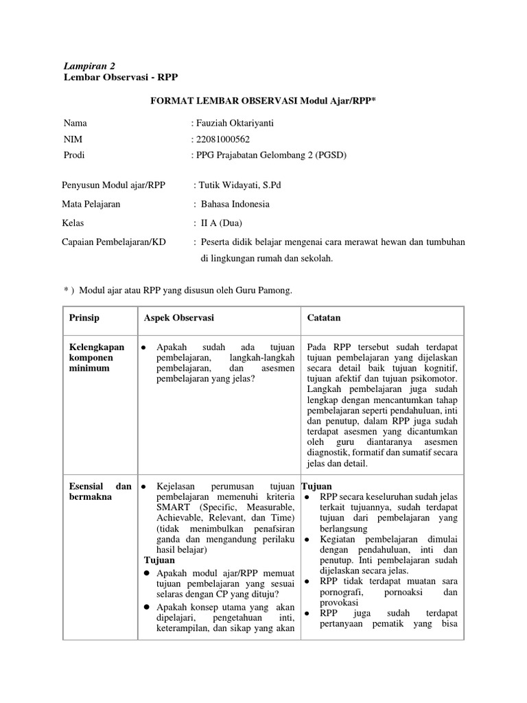 Lampiran 2 - Lembar Observasi Modul Ajar (Fauziah) | PDF