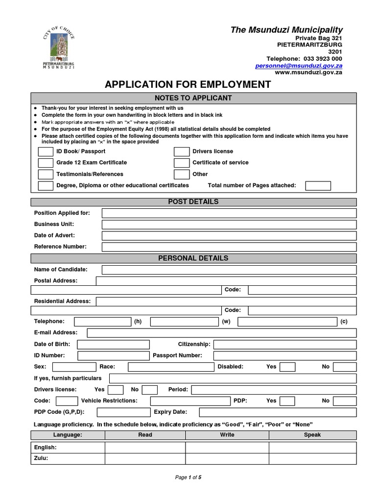Msunduzi Municipality Employment Application | PDF | Driver's License ...