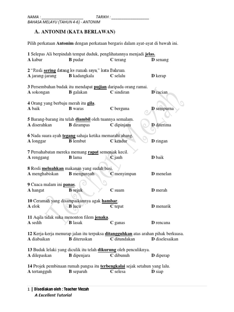 Bahasa Melayu (Antonim) 20-Sep-2022 | PDF