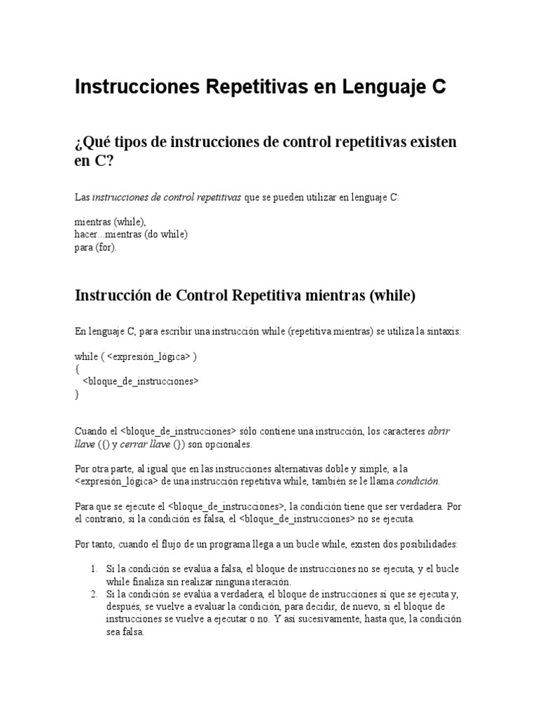 Instrucciones Repetitivas en Lenguaje C | PDF | Desarrollo de software ...