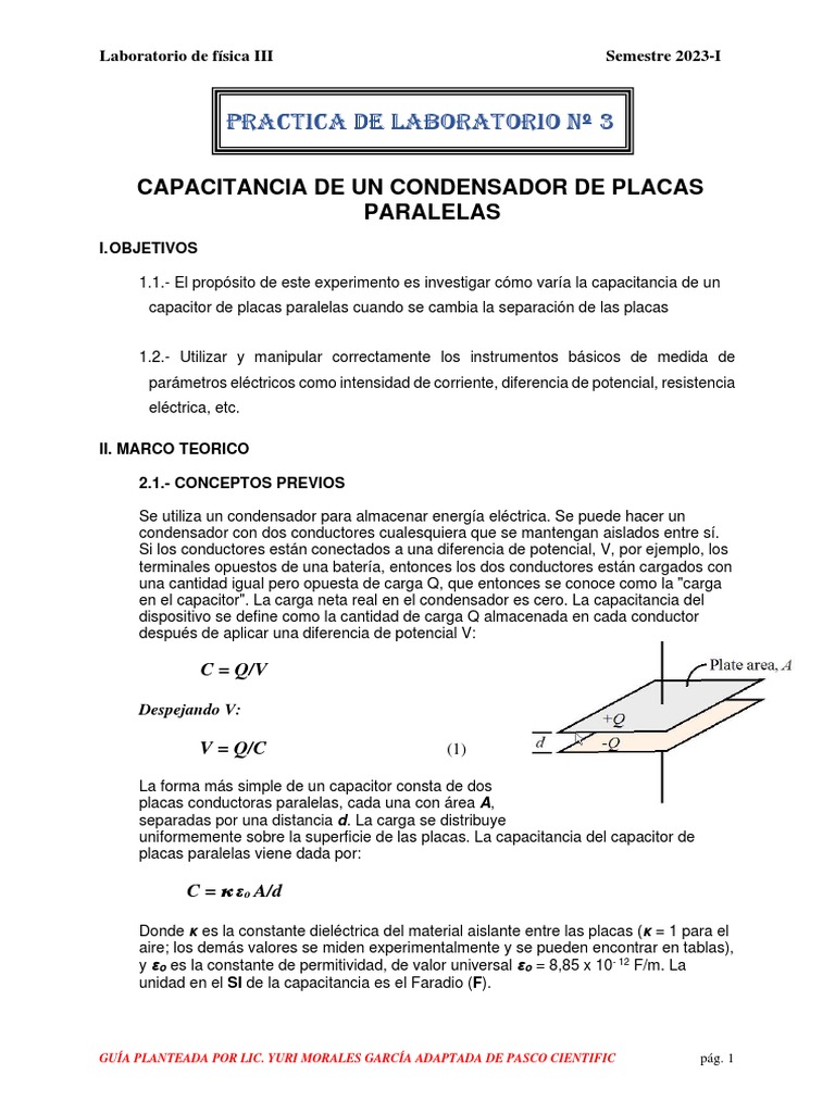 Practica de Laboratorio #3: Capacitancia de Un Condensador de Placas Paralelas | Descargar ...