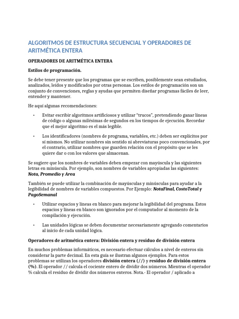Vertopal.com Tics Guia 10 Estructuras Secuenciales y Operadores de Aritmética Entera Alumnos ...