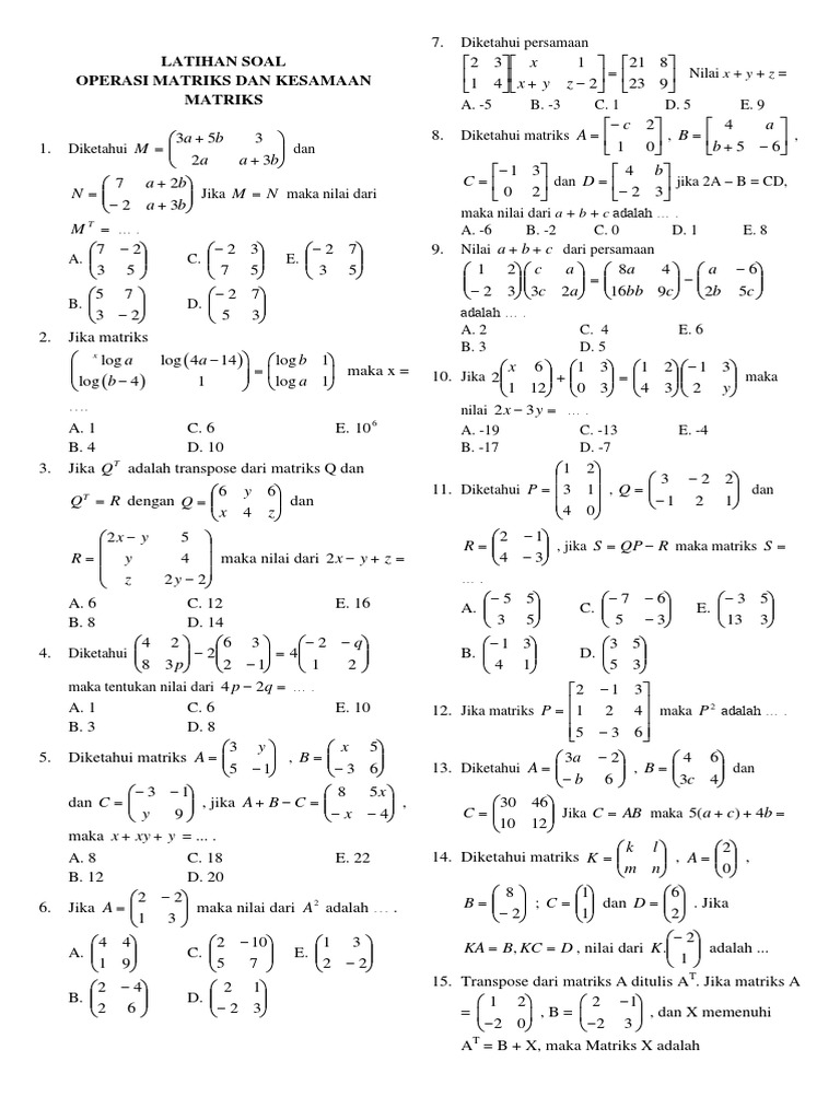 Latihan Soal Operasi Kesamaan Matriks 2122 | PDF