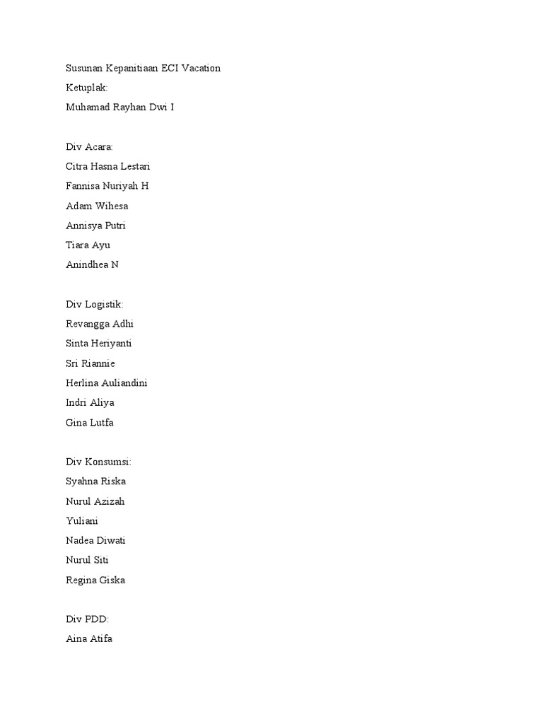 Susunan Kepanitiaan ECI Vacation | PDF
