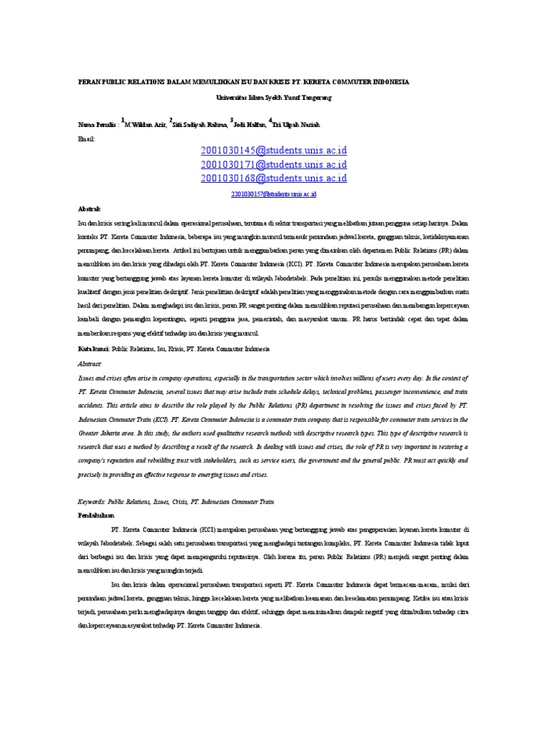 Jurnal Peran Public Relations Dalam Memulihkan Isu Dan Krisis Pt ...