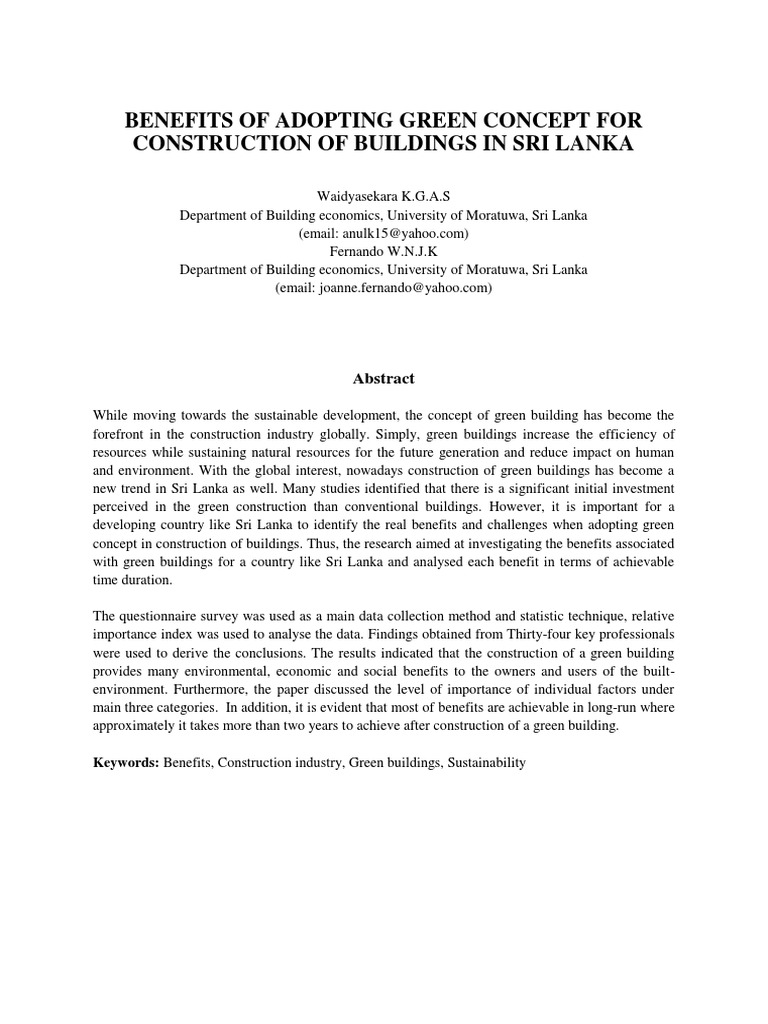 Benefits of Adopting Green Concept For Construction of Buildings in Sri Lanka | PDF | Green ...