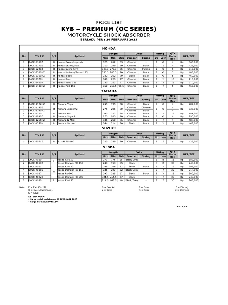 Price List KYB MC FEB 2023 | PDF | Wheeled Vehicles | Motorcycling