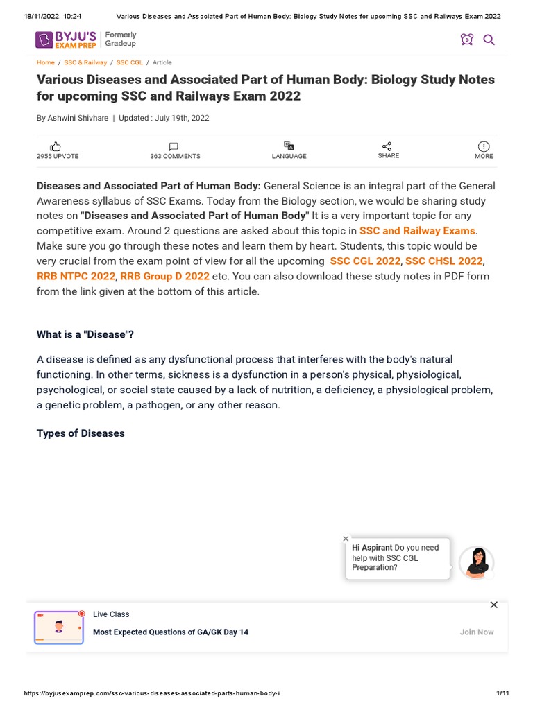 Various Diseases and Associated Part of Human Body_ Biology Study Notes ...