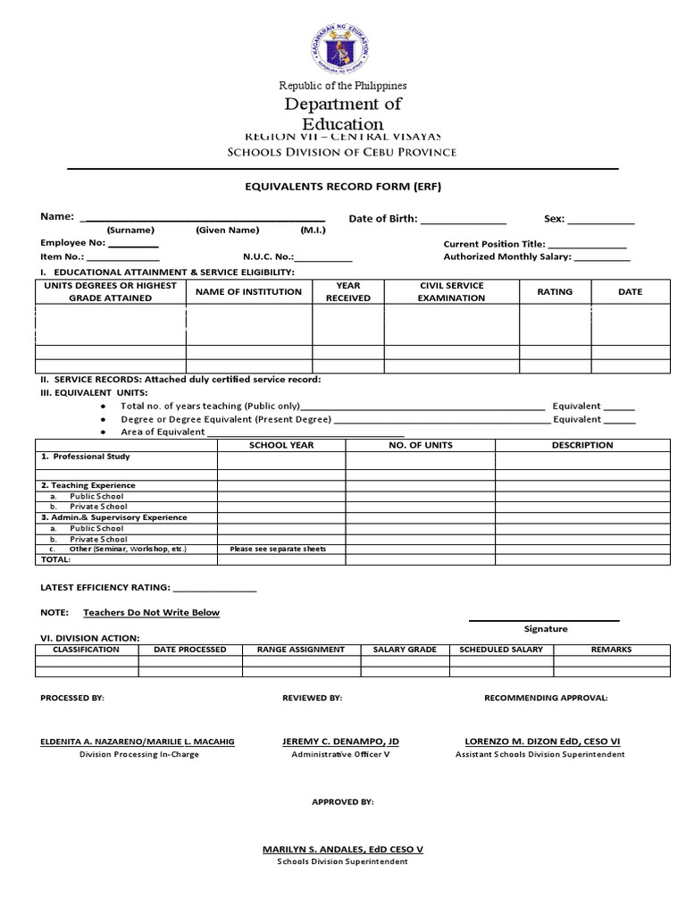 Department of Education: Equivalents Record Form (Erf) | PDF | Teachers