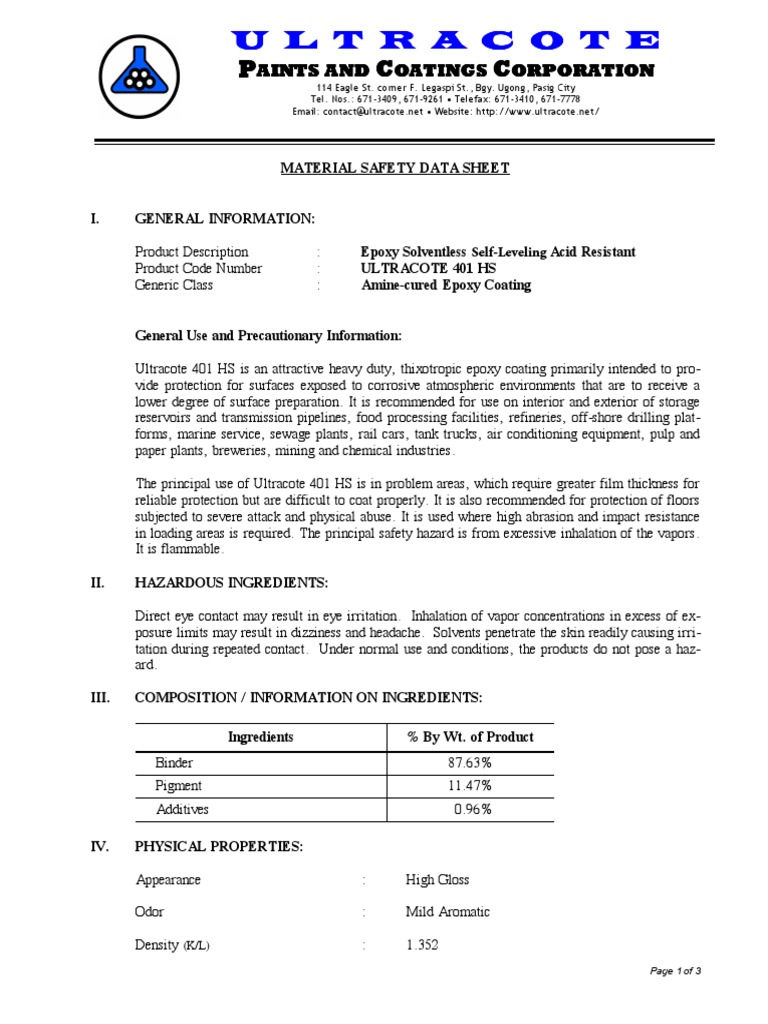 MSDS Ul-401 | PDF | Water | Firefighting MSDS Ul-401 | PDF | Water | Firefighting