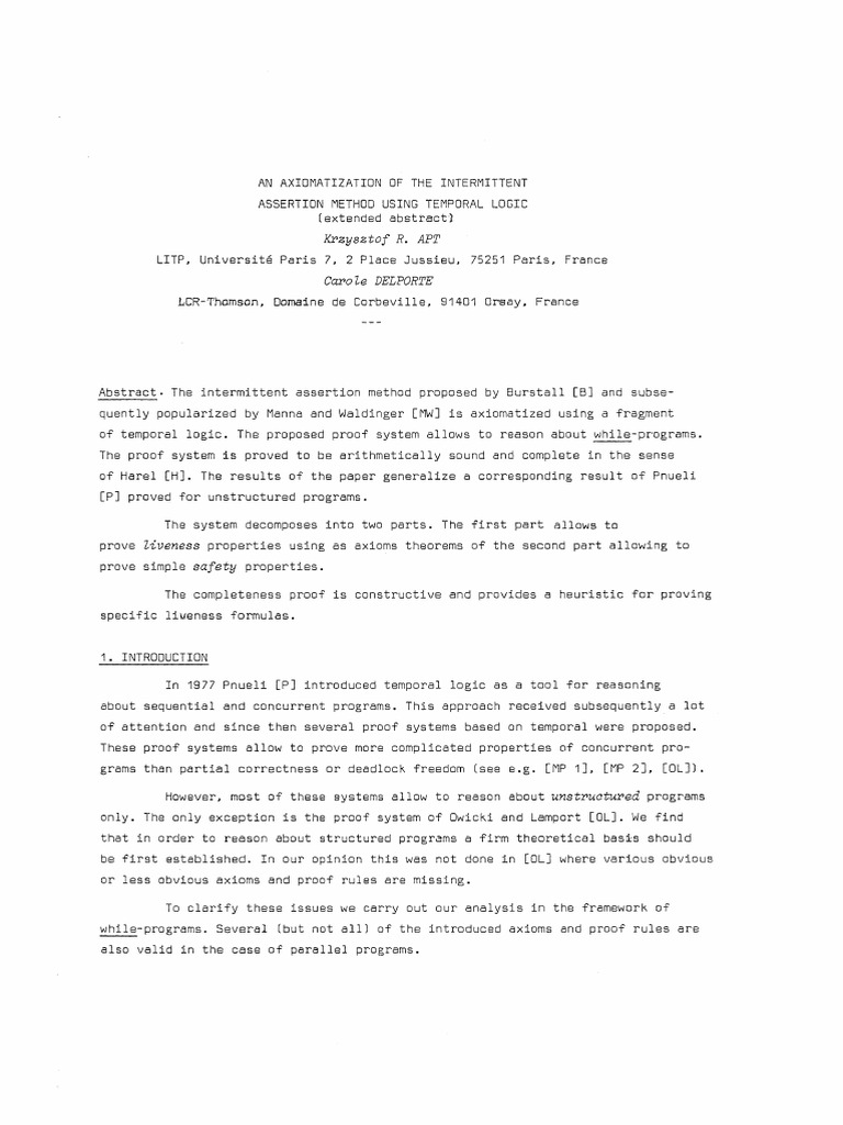 An Axiomatizatidn Of The Intermittent Assertion Method Using Temporal Logic Pdf Natural
