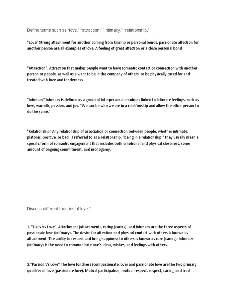 Define terms such as “love,” “attraction,” “intimacy,” “relationship,” | PDF | Love | Intimate ...