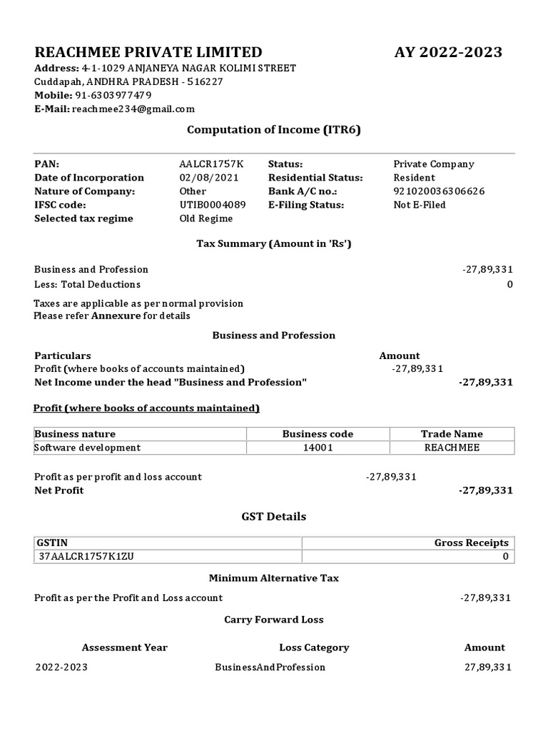 AY2022-23 REACHMEE PRIVATE LIMITED-AALCR1757K-Computation | PDF | Taxes | Income Statement