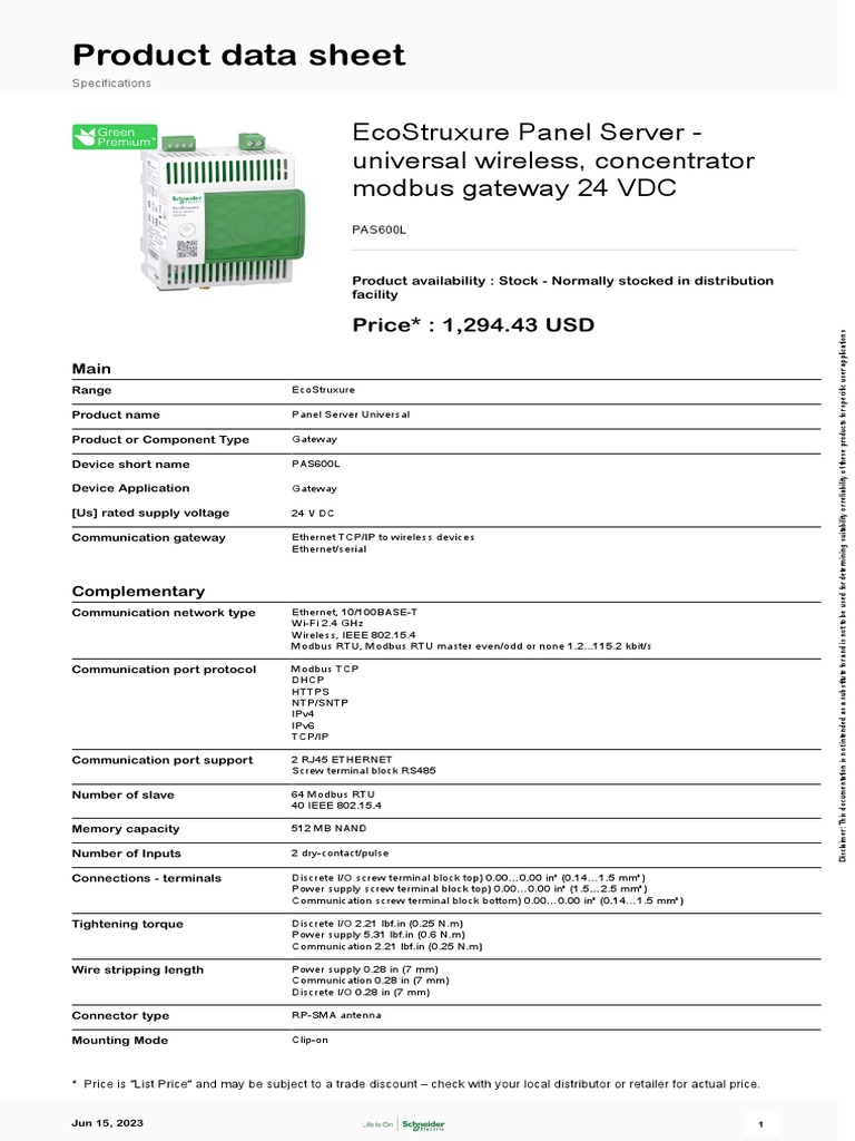 EcoStruxure PAS600L Modbus Gateway Data Sheet | PDF | Computer Network ...