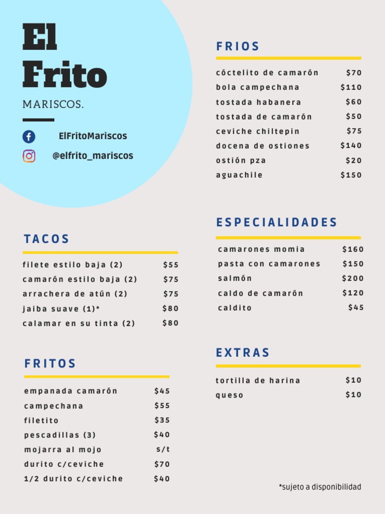 Menú de Mariscos y Bebidas El Frito | PDF | Mariscos | Comida y bebida