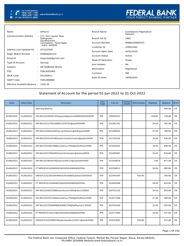 Federal Bank Selfie Account Statement | PDF | Cheque | Banks