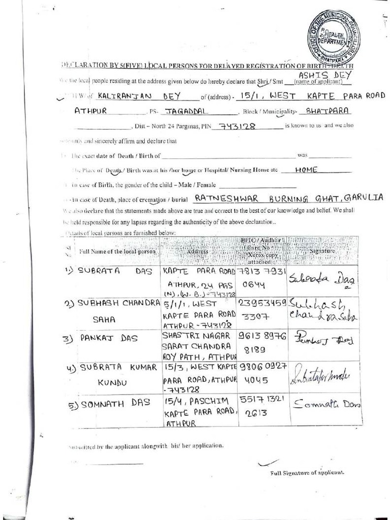 Declaration From Five Local Person For Granting Okay To Delayed ...