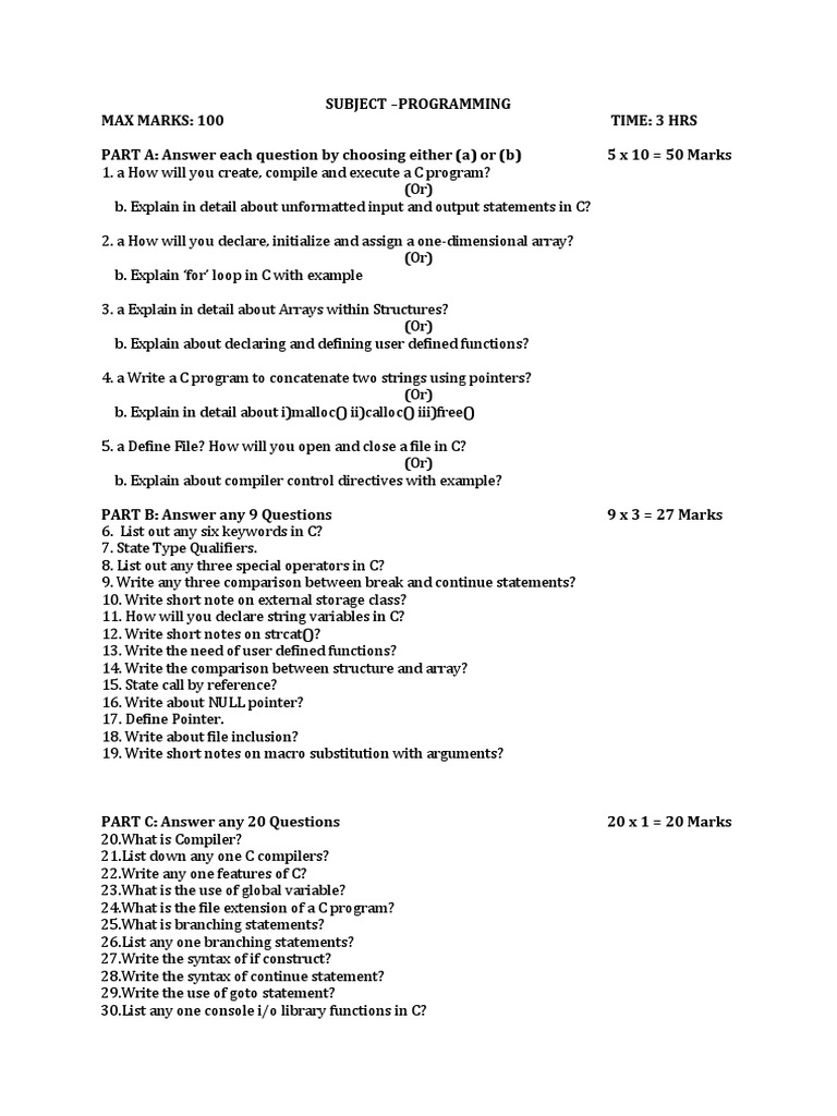 Subject - Programming Max Marks: 100 Time: 3 Hrs PART A: Answer Each Question by Choosing Either ...
