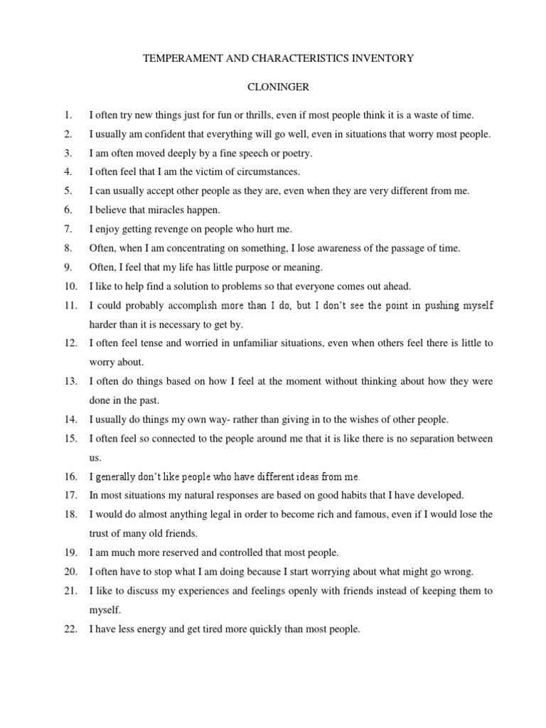 TCI Questionnaire | PDF | Experience | Feeling