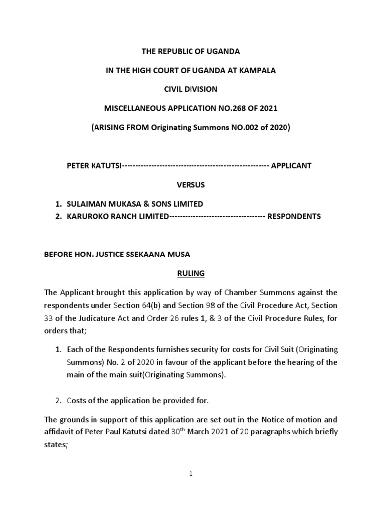 Ruling Peter Katutsi V Sulaiman Mukasa Limited & Karuroko Ranch LTD ...