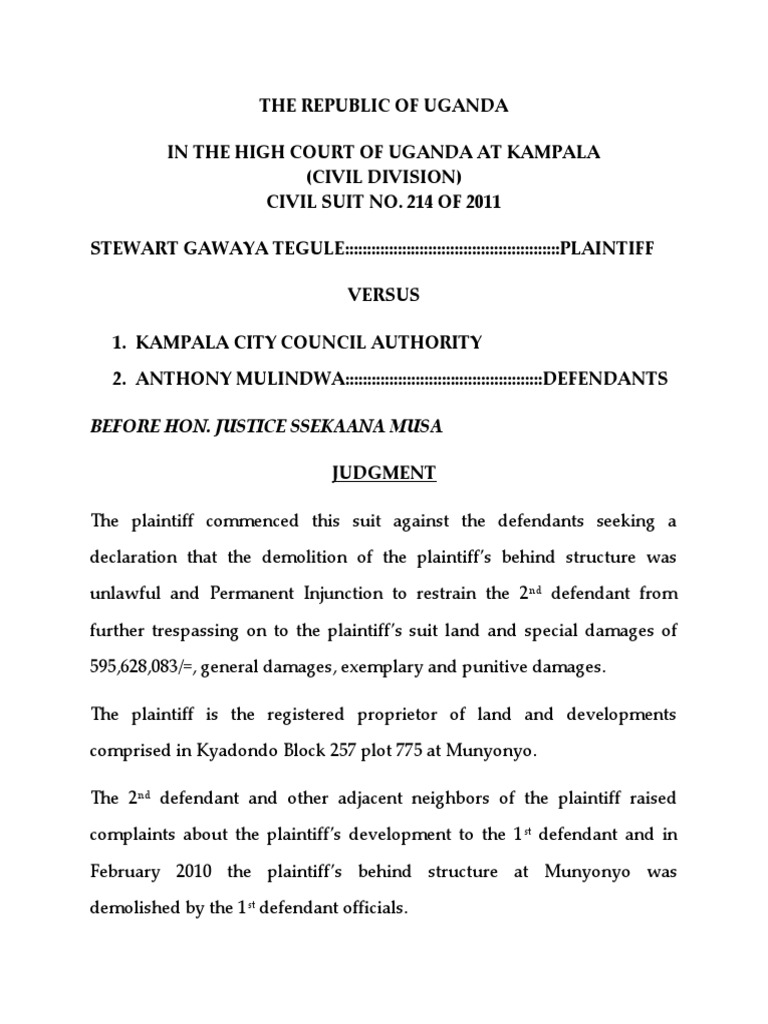 Judgment Stewart Gawaya Tegule V Kcca & Mulindwa | PDF | Easement | Lawsuit