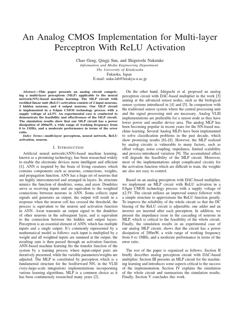 An Analog CMOS Implementation for Multi-layer Perceptron With ReLU Activation | PDF | Electrical ...